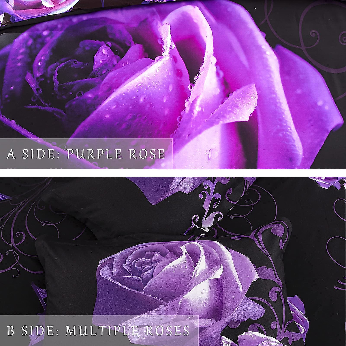 3D Purple Rose Duvet Cover Sheet Set Queen, Reversible Purple Rose Pattern Printed Bedding Comforter Cover with Zipper Closure, 7 Pieces Bundle Soft Microfiber Bedding Duvet Cover Sheets Set 90"x90"