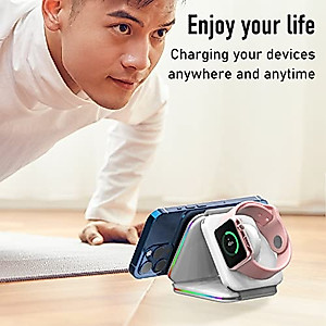 3 in 1 Charger, Magnetic Wireless Charging Station, Charging pad, Travel Charger, 18W Fast Mag-Safe Charger for iPhone 14/13/12/SE/11/XS/8,Samsung Galaxy, AirPods Pro,Apple Watch(Adapter Inc.)-White