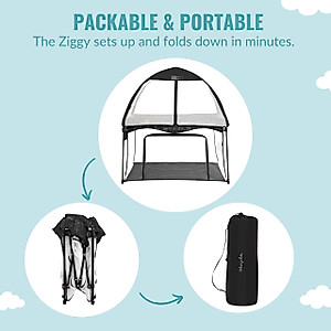 Dream On Me Ziggy Square Playpen with Canopy | Baby Playpen | Portable and Lightweight | Playpen for Babies and Toddler | Black & White