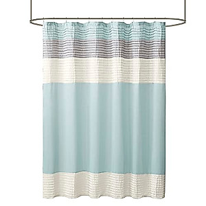 Madison Park Amherst Bathroom Shower Curtain Faux Silk Pieced Striped Modern Microfiber Bath Curtains, 72x72 Inches, Aqua