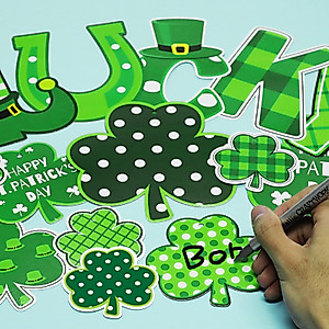 77Pcs St. Patrick's Day Shamrock Cutouts Decorations Green Lucky Irish Paper Clover Cut-Outs Includes Glue Points and Rope for Classroom Bulletin Board Game Party Supplies