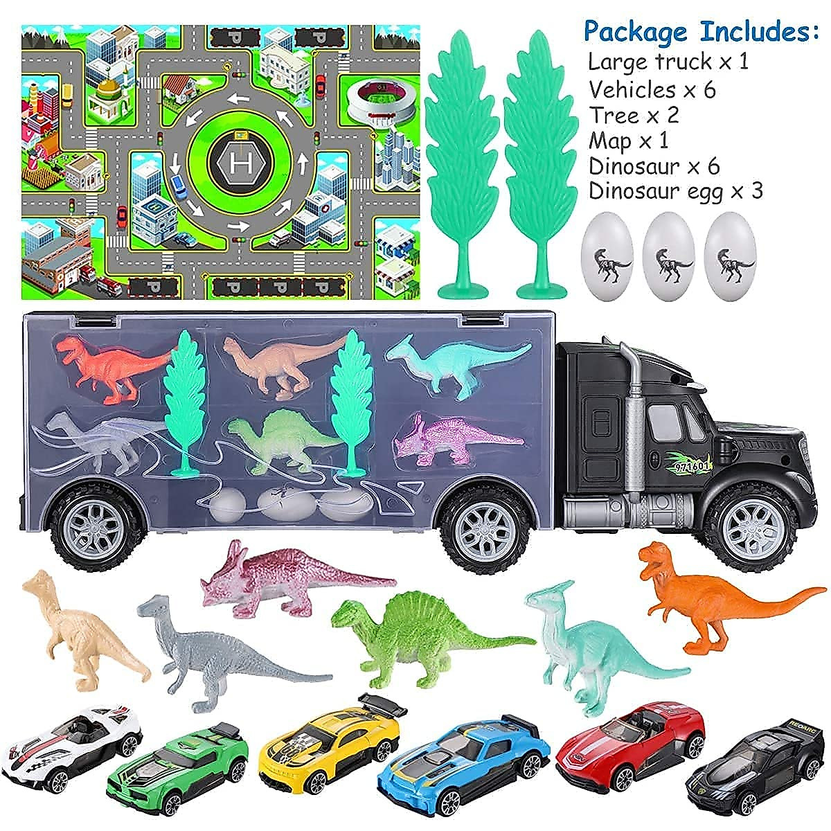 Dinosaur Toys Tools Set, 19 Dinosaurs Car Carrier Truck Toy, Including 1 Truck, 6 Mini Cars, 6 Dinosaurs, 3 Dinosaur Eggs, Dinosaur Truck Toys