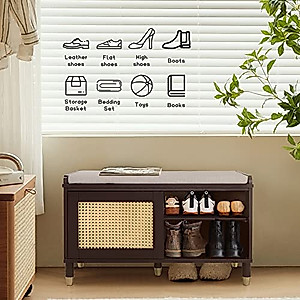 Anbuy Shoe Storage Bench for Entryway with Rattan Door, Rattan Shoe Rack Bench entryway Bench, Shoe Cabinet with Soft Cushion, Holds 300 lb, 31.5 x 13.78 x 19.1 inches (Red Brown)