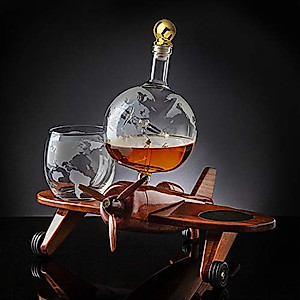 Godinger Whiskey Decanter Airplane Globe Set with 2 World Whiskey Glasses - for Liquor Scotch Bourbon Vodka
