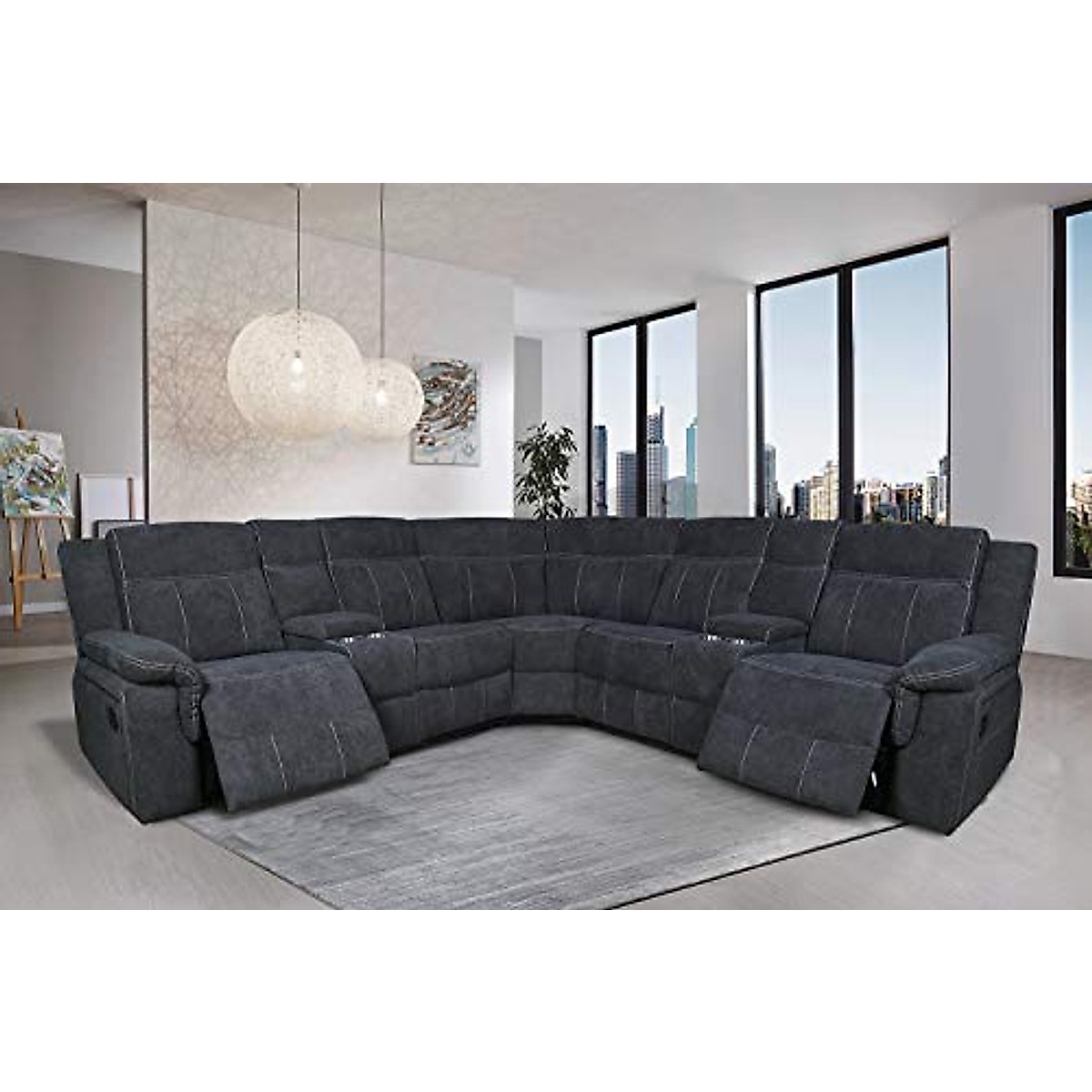 K·1 Classic and Traditional Fabric Manual Reclining Corner Sectional Sofa w/Cup Holder Living Room, Grey Fabric