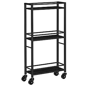 MAHANCRIS Slim Rolling Cart, Mobile Kitchen Cart on Wheels, Narrow Storage Cart for Small Space, Wooden Service Cart, for Bathroom, Laundry, Living Room, Black RCHB1501