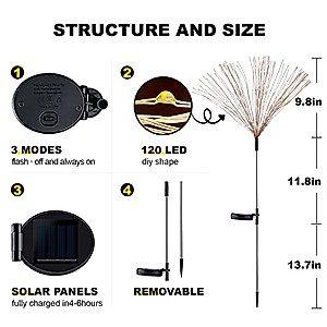 2 PCS Solar Firework Light, Outdoor Solar Garden Decorative Lights 120 LED Powered 40 Copper Wires String DIY Landscape Light for Walkway Pathway Backyard Christmas Decoration Parties (Multi-Color)