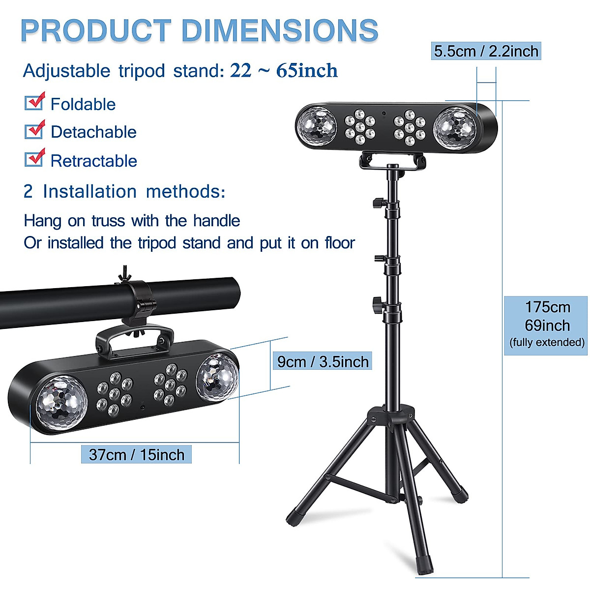 DJ Lights with Stand, Telbum Party Bar Light Set, Mobile Stage Lighting System Sound Activated LED Par Lights, for Move Band Disco Wedding Halloween Christmas (RGB)