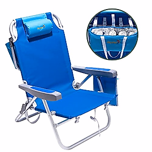 SUNNYFEEL Low Beach Chair 5 Position Lay Flat, Portable Folding Backpack Beach Chairs Heavy Duty with Cooler Bag, Cup Holder for Outdoor/Lawn/Trip/Picnic/Fishing, Foldable Camping Chair (New Blue)