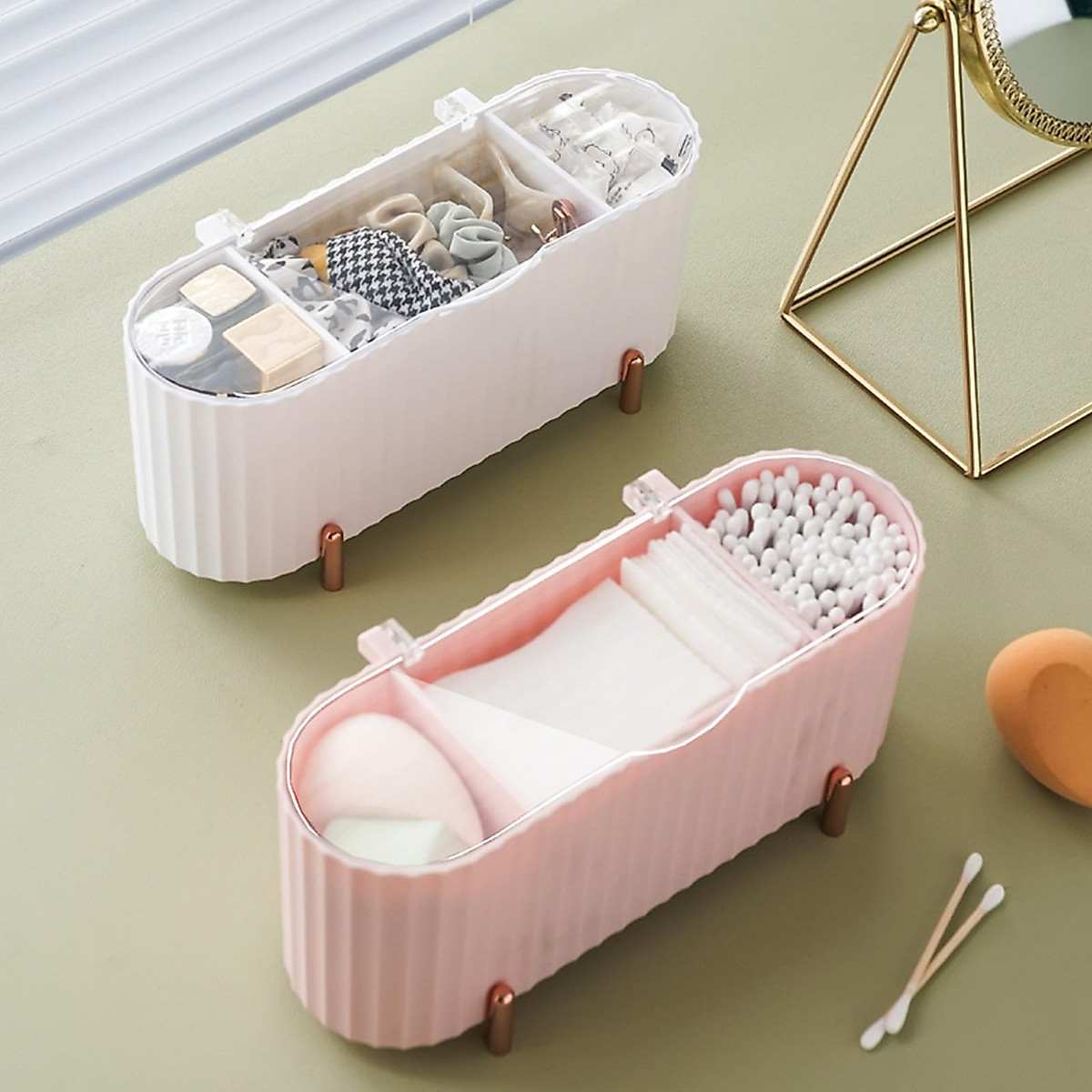 ZOOFOX 2 Pack Qtip Holder Dispenser, Cotton Pads Holder with Clear Lid, Adjustable 3-Grid Bathroom Canisters for Cotton Ball, Swab, Round Pads, Floss, Perfume, Lipstick