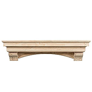 72 Inch Floating Fireplace Mantel Wood Shelf In Unfinished - Salem From Mantels Direct | Corbel Bracket Arches Included | Wooden Rustic Wall Shelf Perfect for Electric Fireplaces and Décor