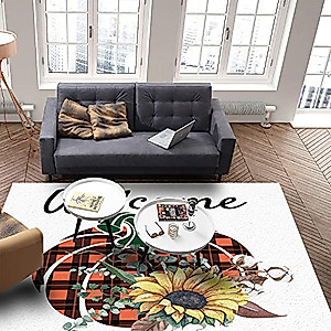 Indoor Area Rugs Thanksgiving Pumpkin Sunflower Grid Non-Slip Floor Mats Orange Black Rectangular Carpet Soft Washable Rugs for Living Room/Bedroom/Hallway Home Decor - 5x7 Feet