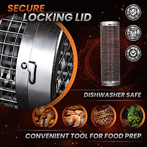 2PCS Rolling Grill Baskets for Outdoor Grill, Big Green Egg Accessories-Set Includes Fork, Hook, and Oil Brush-304g Stainless Steel-Perfect Gifts for Dad, Camping Must Haves, Unique Outdoor Gifts