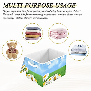 DIGTIA Field Of Daisies Storage Bins with Lids Green Meadow Foldable Storage Basket with Handles Collapsible Large Fabric Organizer Containers for Clothes Shelves Closet Office Home