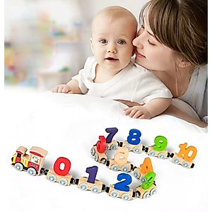 SHIMANDA 12 PCS Wooden Magnetic Train Cars Toy, Magnetic Train Toys Set Includes Locomotive & 11 Pieces Train Cars, Count and Color Educational Learning Toys for Kids Boys and Girls (Number)