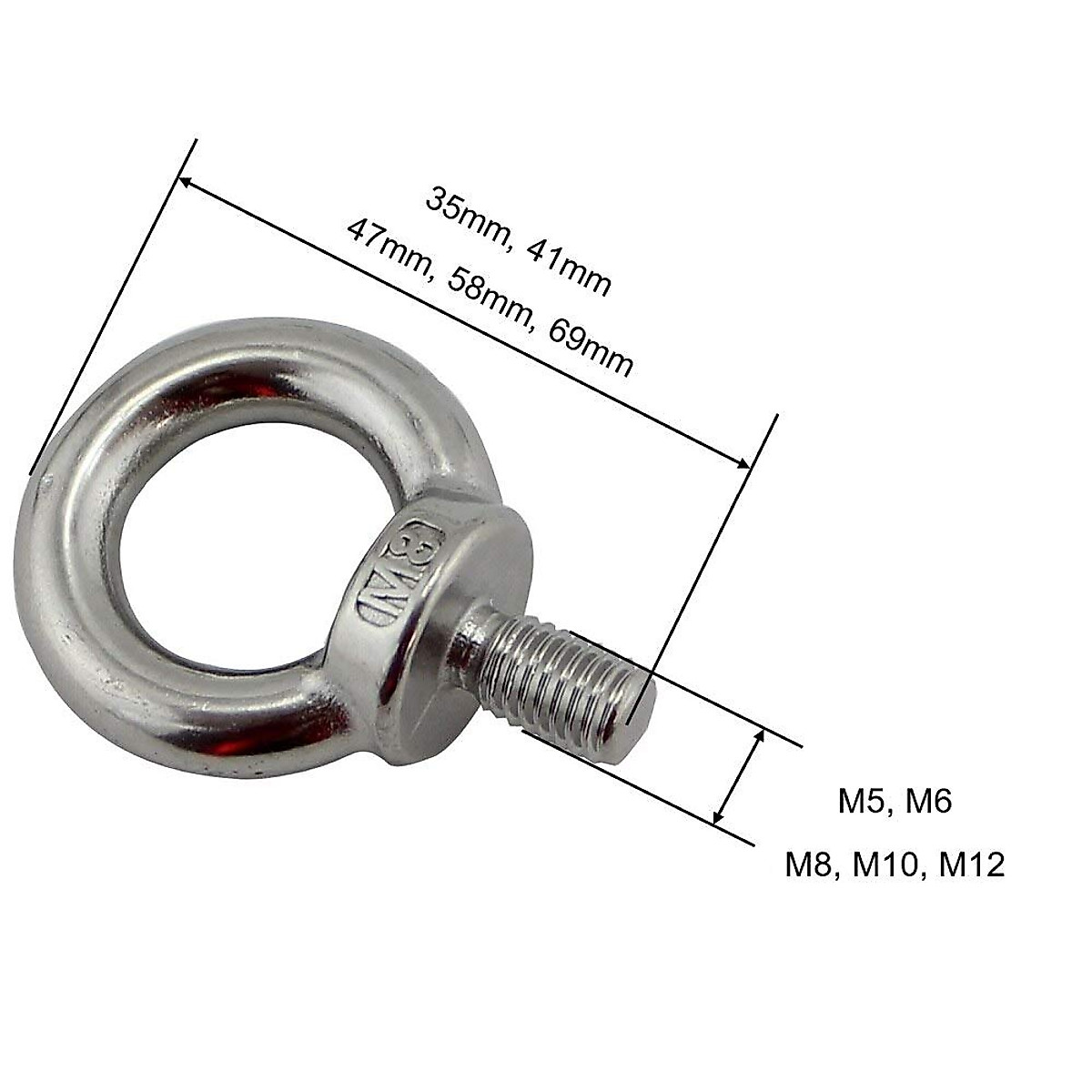 BOL-69071 2PCS Stainless Steel 304 JIS 1168 Thread Eye Bolt Rigging Hardware M5 M6 M8 M10 M12 Heavy Duty Hardened Steel Eye Bolt-(Dims: M8/ Type: Stainless Steel 304)