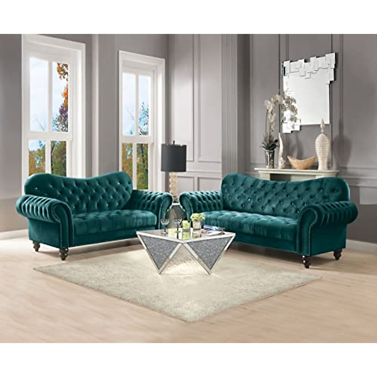 ICE ARMOR 2Pc Living Room Set Loveseat in Green Velvet Sofas