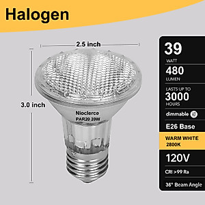 Nioclerce PAR20 Flood 39W 120V 480 Lumens- 2 Pack PAR20 Flood Light Bulbs 2800K Warm White, PAR20 Dimmable with E26 Base, Long Lasting 39W PAR20 Bulb for Recessed Lighting & Hood Range Light Bulbs