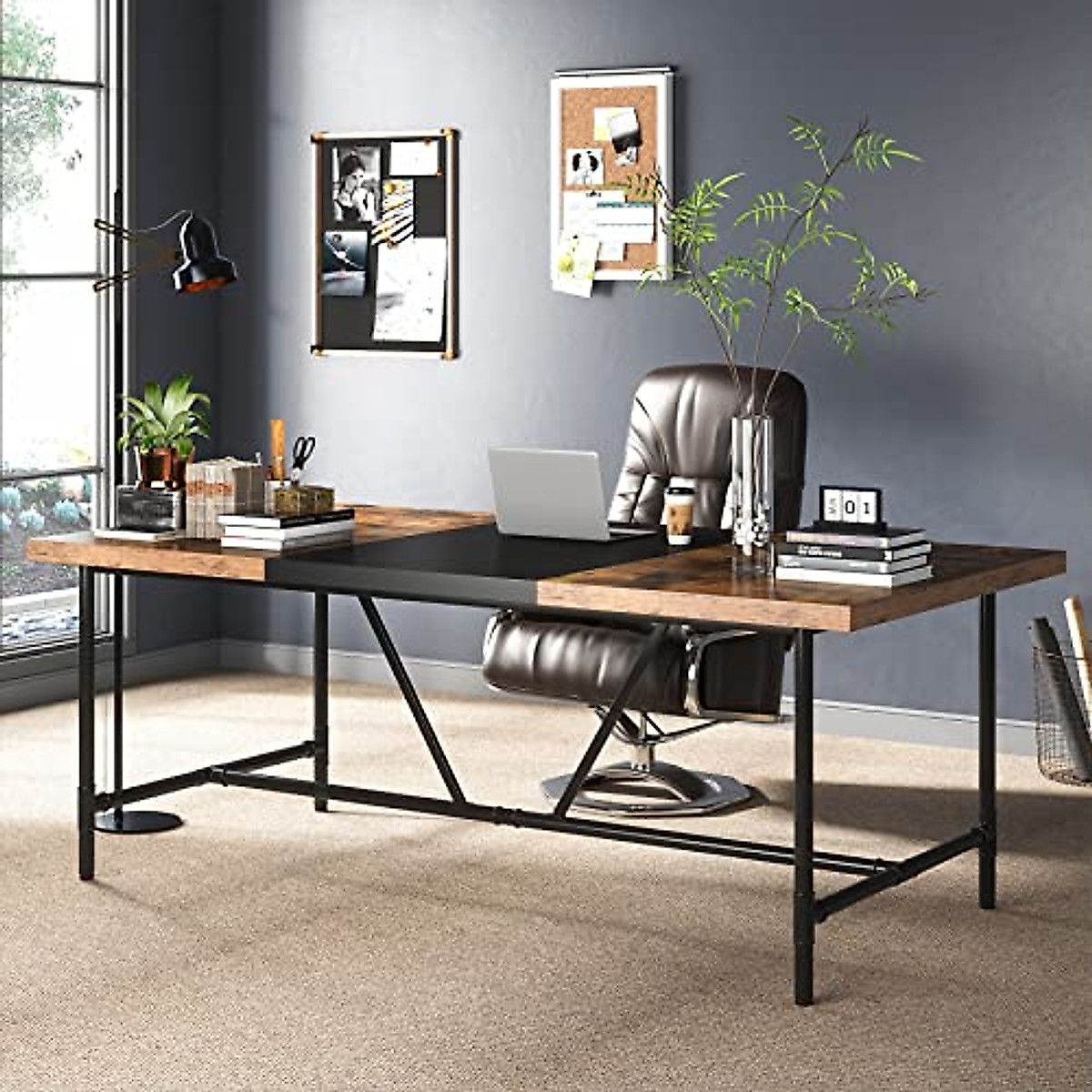 Tribesigns 6FT Conference Table, 70.8" W x 35.4" D Meeting Table Conference Room Tables with Pipe Metal Frame, Rectangular Training Seminar Table Computer Desk with Splice Board for Home Office-Brown