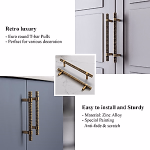Goo-Ki Antique Brass T Bar Cabinet Pulls/Affordable Luxury Zinc Alloy Cabinet Handles with Knurled/5.04'' (128mm) Hole Center,6 Pack