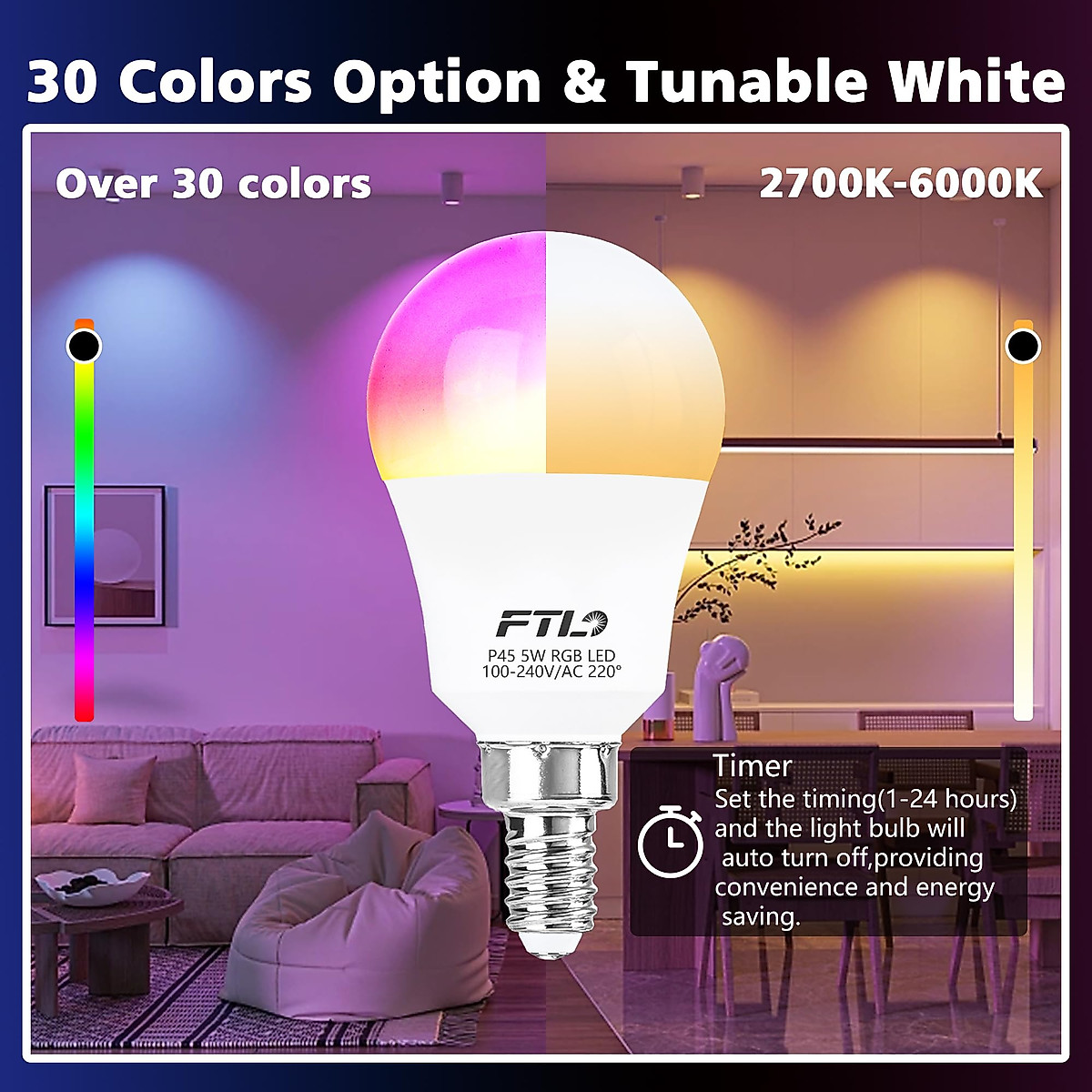 FTL E12 LED Light Bulb Color Changing, 5W 40W Equivalent A15 RGB Light Bulb with Remote Control, Warm White to Daylight White 2700K-6000K, 30 Colors RGB E12 LED Bulb Dimmable,Timer, 2 Modes,6-Pack