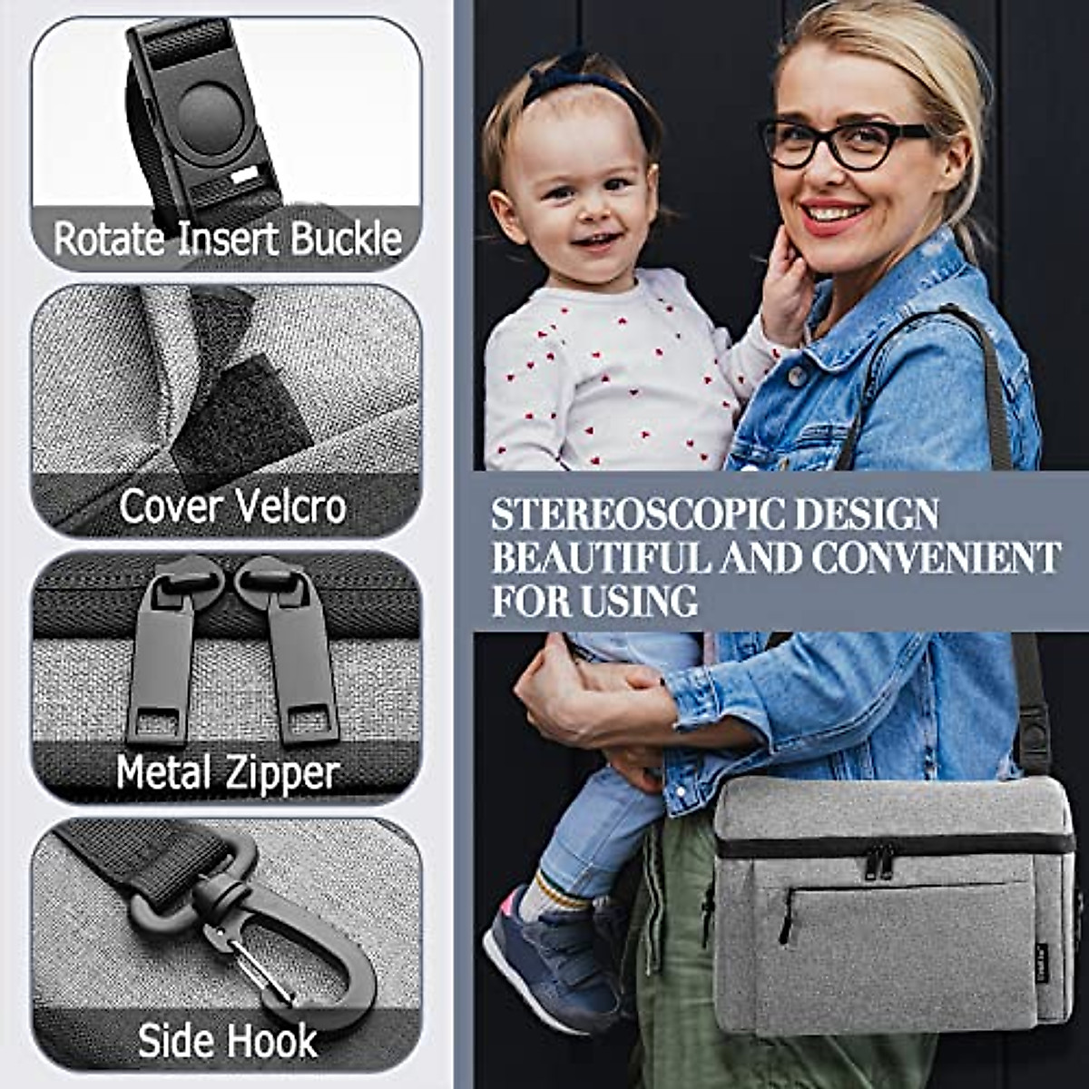CitisKins Universal Baby Stroller Organizer Large Space with Insulated Cup Holder Detachable Diaper Bag Adjustable Shoulder Strap Fits All Strollers (grey)