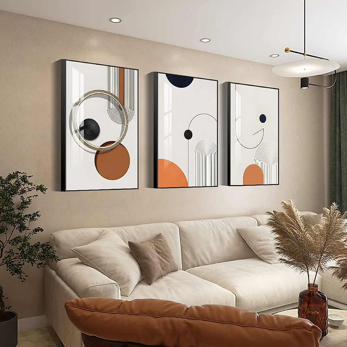 Framed Bright style Wall Art, Boho Wall Art Set of 3, Mid Century Modern Decor 24" x 32", Minimalist Black Beige Neutral Abstract Geometric Wall Decor Canvas Prints for Bedroom Living Room Bathroom