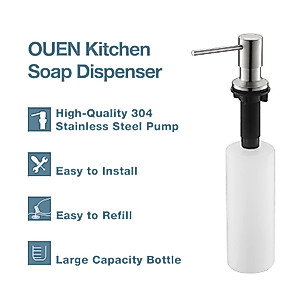 Soap Dispenser for Kitchen Sink, OUEN Brushed Nickel Built in Pump Soap Dispensers, Stainless Steel Sink Soap Dispenser or Lotion Dispenser Pump with Above the Sink Refillable 17OZ Large Liquid Bottle