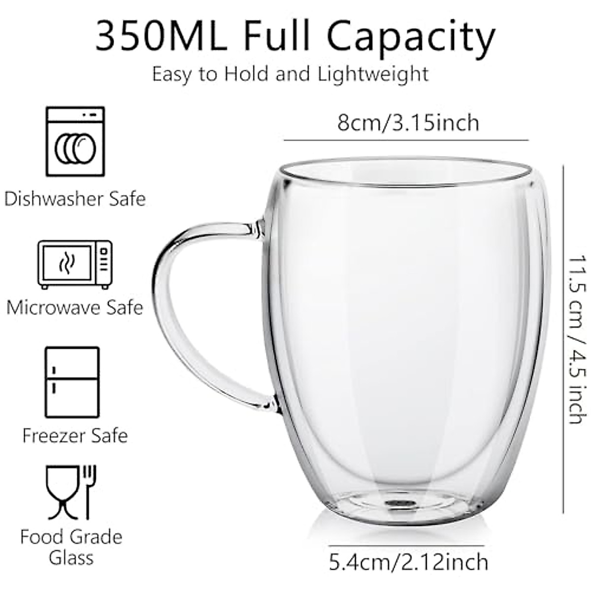 Top-spring Double Wall Glass Coffee Mugs, Clear Glass Coffee Cups with Handles - Set of 4 Double Wall Insulated Coffee Mug Tea Latte Espresso Cups (12oz, Clear)