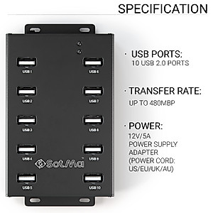 SotMa 10 Port USB 2.0 Hub - USB Hub - Powered USB Hub for Mining - Multiple USB Port Hub - USB Splitter Hub with 12V 5A Power Adapter, LEDs, Mounting Bracket - Black