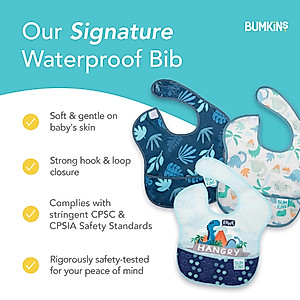 Bumkins Bibs for Girl or Boy, SuperBib Baby and Toddler for 6-24 Months, Essential Must Have for Eating, Feeding, Baby Led Weaning Supplies, Mess Saving, 3-pk Hangry, Dinosaurs, and Blue Tropic