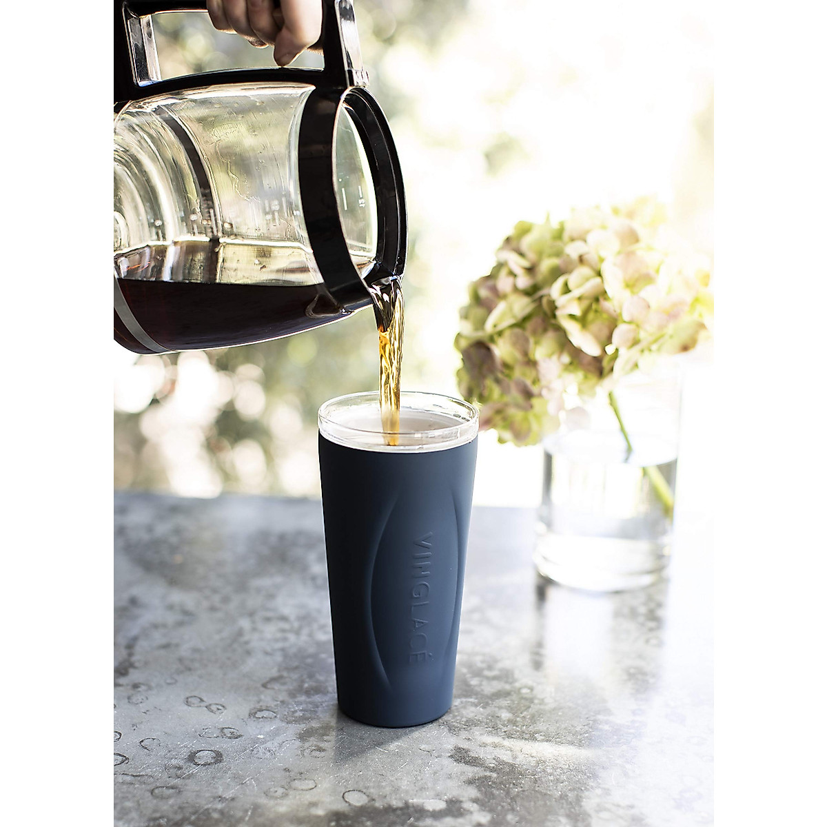 Vinglacé Stainless Steel Drink Tumbler- Insulated Hot and Cold Beverage Cup with Glass Insert and Lid, 14 oz, Navy