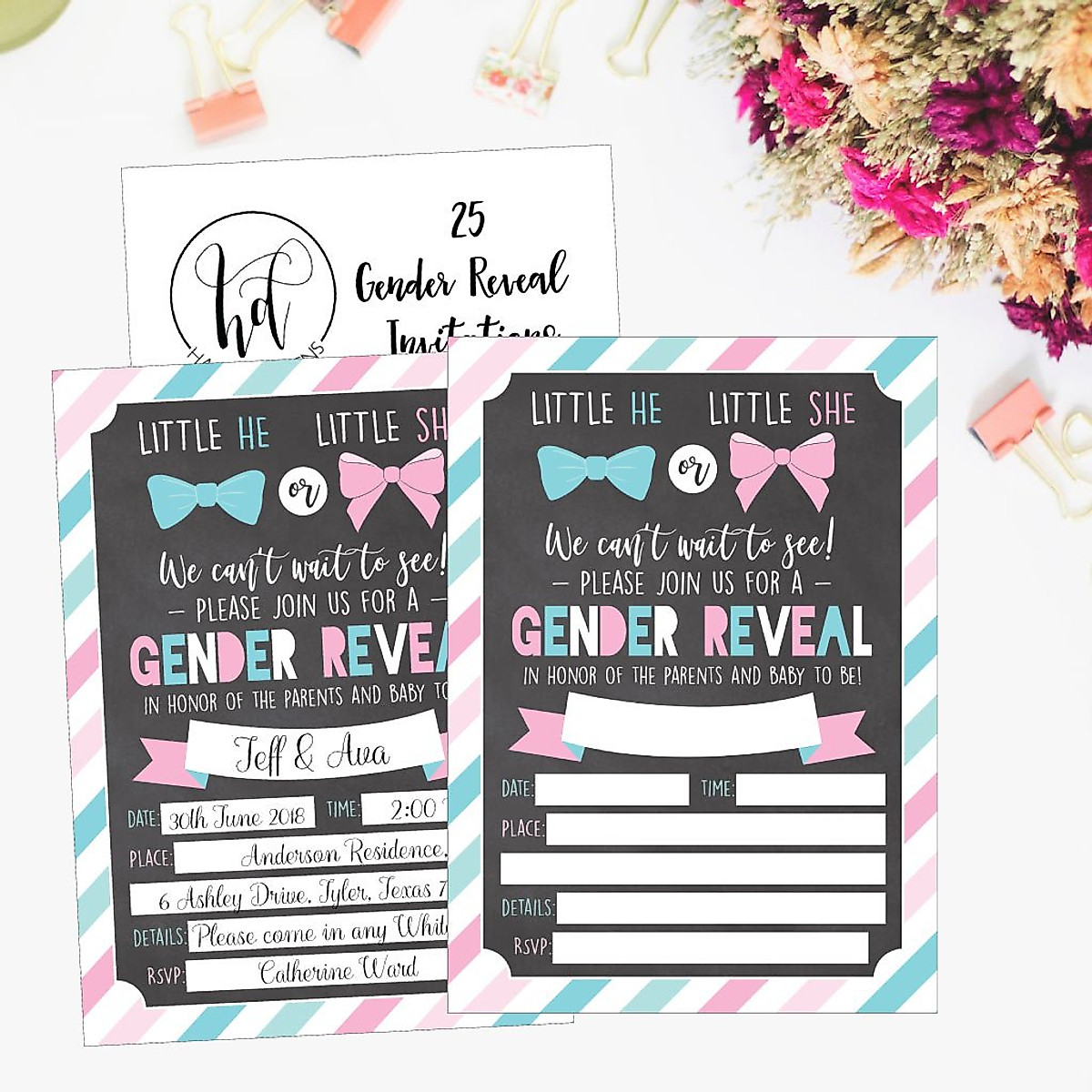 25 Pink and Blue Gender Reveal Baby Shower Party Invitation Cards, He or She Personalized For Gender Neutral Unisex Invites Guess If It's a Boy or Girl Sprinkle Fill In The Blank Printable Invite Pack