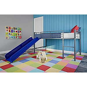 DHP Junior Twin Metal Loft Bed with Slide, Multifunctional Design, Silver with Blue Slide & Fire Department Design Curtain Set for Junior Loft Bed, Kids Furniture, Blue