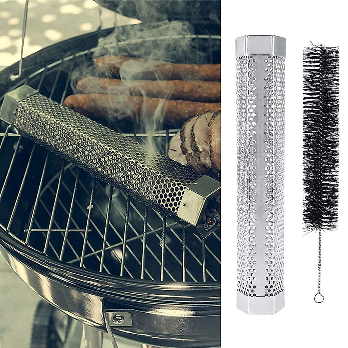 Jerliflyer BBQ Smoker, Pellet Smoker Tube Hexagonal Stainless Steel BBQ Pipe Outdoor Mesh Grill Smoke Generator for All Electric Gas Charcoal Grill Smoker Hot Cold Smoking