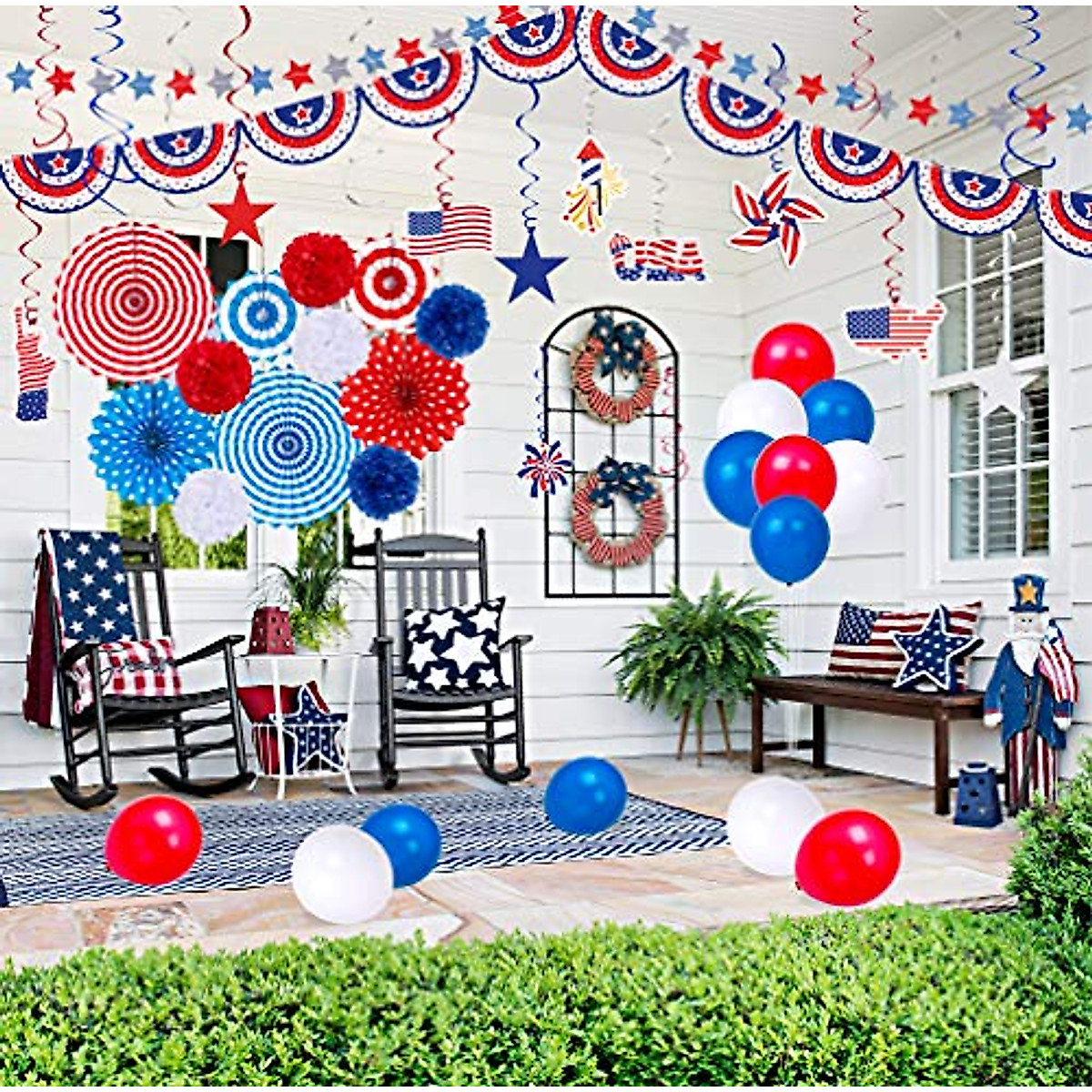 66PCS 4th/Fourth of July Decorations Set - Patriotic Paper Fans+Tissue Pom Poms+Star Streamer+American Flag Banner Garland+Hang Swirls+Balloons - Red White Blue USA Memorial Day Party Decor Supplies