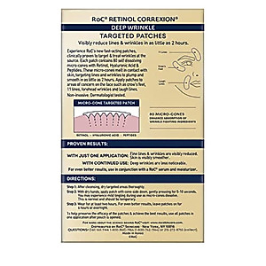 RoC Retinol Correxion Deep Wrinkle Non-Invasive Targeted Patches with Hyaluronic Acid + Firming Peptides for Forehead and Between Eyes, 3 Pouches of 2 Patches Each + 1 Packette of Eye Cream
