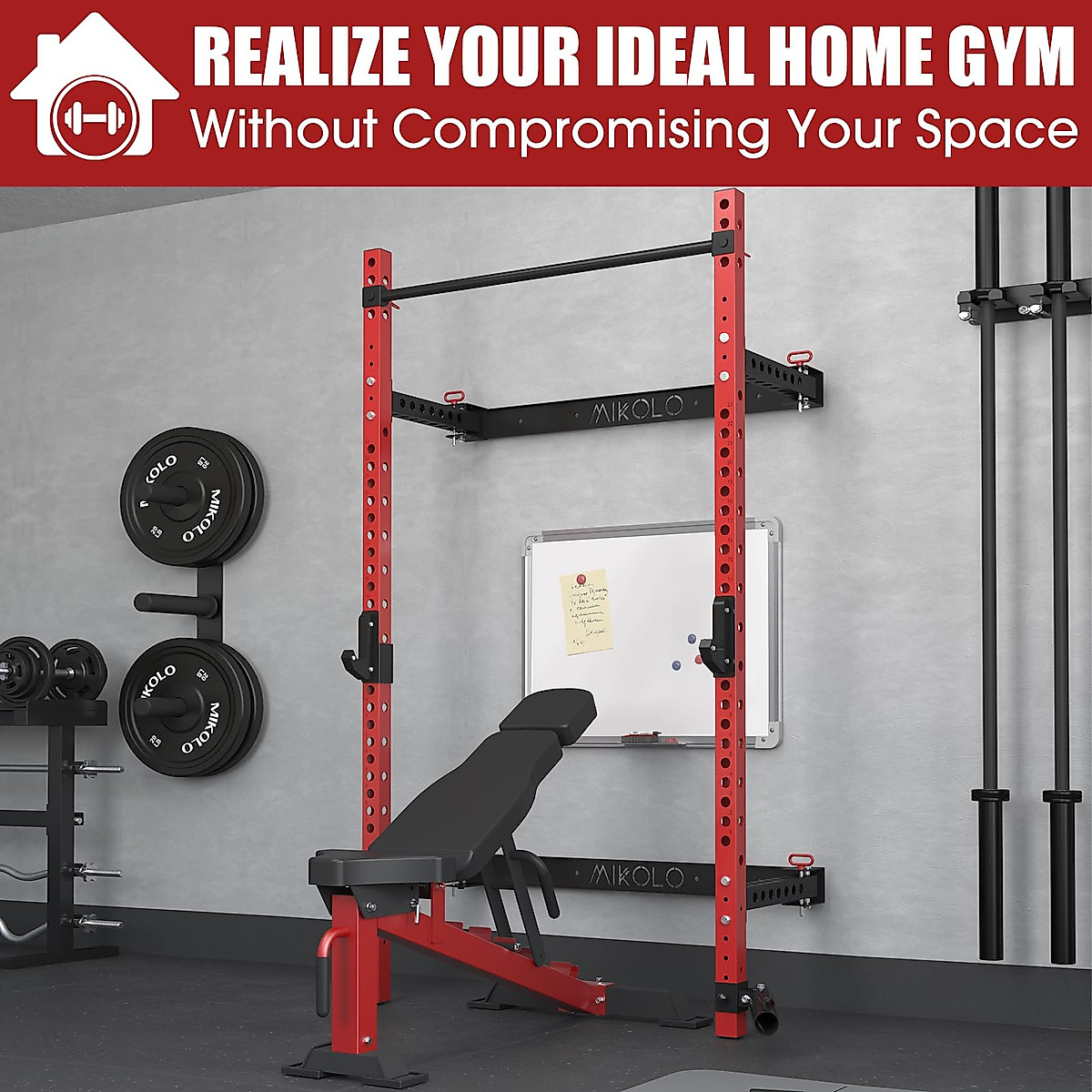 Mikolo 2" x 2" Folding Wall Mounted Squat Rack, 1000 Pounds Capacity Power Rack with Pull Up Bar, J Hooks, Landmine and Other Attachments, Space-Saving Home Gym(Red