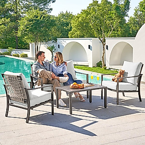 NATURAL EXPRESSIONS Patio Furniture 4 Piece Set,Outdoor Conversation Set Metal Patio Sectional Sofa with High Back Hand-Woven Rope Chairs by Hand Brushed Wood Grain Finish, 6" Cushion for Yard,Garden