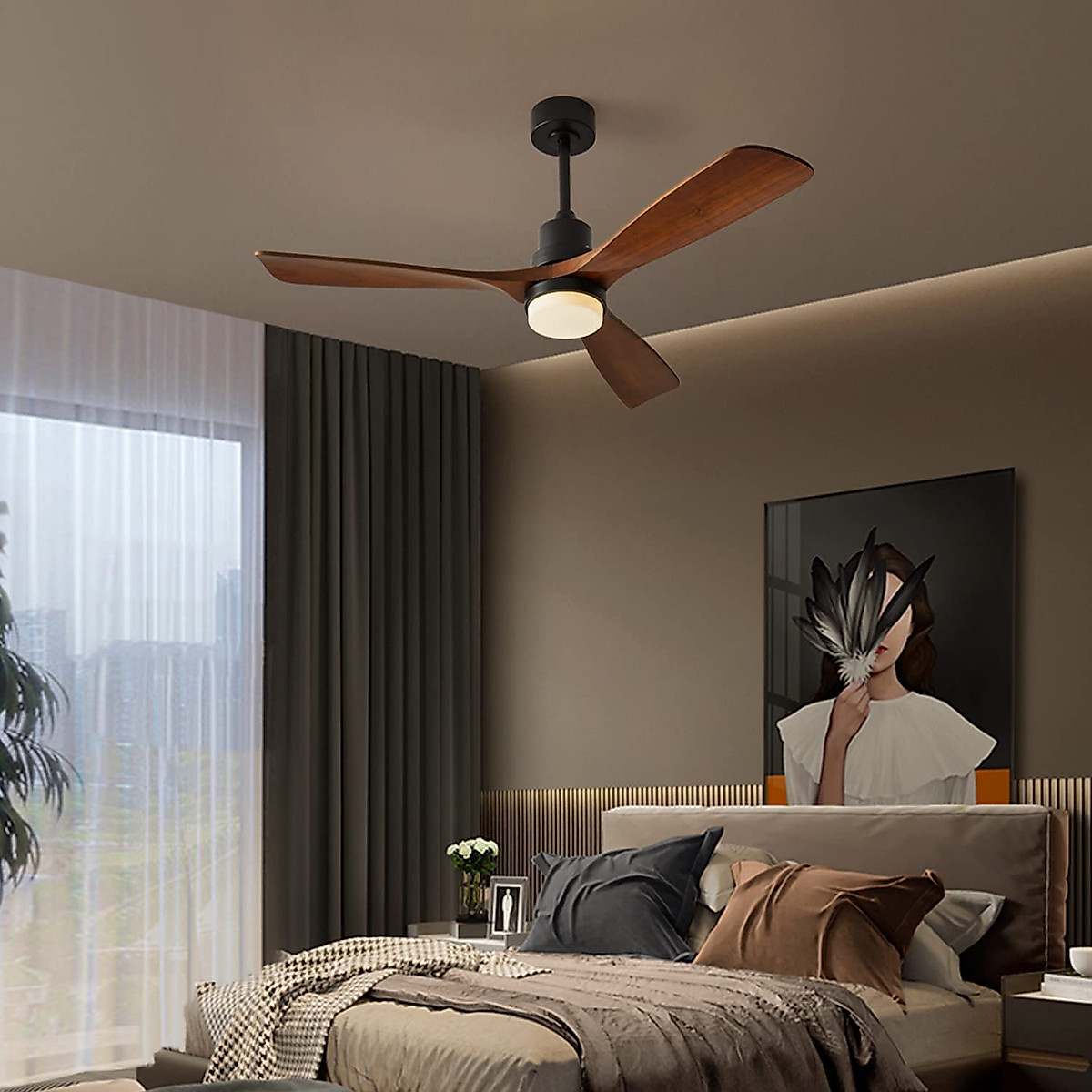 Chriari Ceiling Fans with Lights, 60" Wood Ceiling Fan with Remote Control, 3 Walnut Fan Blades Reversible Quiet DC Motor 6 Speeds Timing Farmhouse Ceiling Fan for Patios Bedroom Living Room