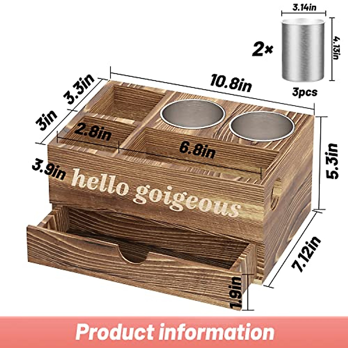 sitanes Hair Tool Organizer, Farmhouse Hair Dryer & Styling Supplies Holder Countertop with Jewelry Storage Drawer, Wooden Blow Dryer Holder with 2 Heatproof Cups, Curling & Flat Iron Holder