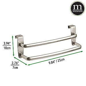 mDesign Over-Door Cabinet Towel Holder - Kitchen Cabinet Double Towel Bar Rack - Over Cabinet Towel Bar Hanger for Hand, Dish, and Tea Towels - 9.84" Wide - Spira Collection - Brushed Nickel