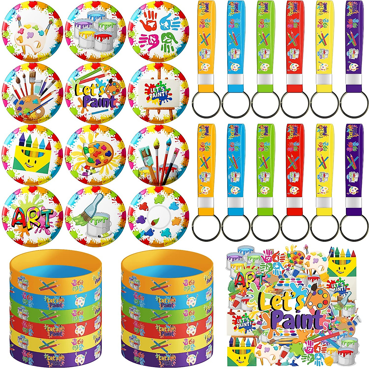 Heidaman Rugrats Party Supplies，Paint Party Favors，Art Themed Birthday Party Supplies，Set Includes 12 Bracelets,12 Button Pins,12 Key Chain,40 Stickers