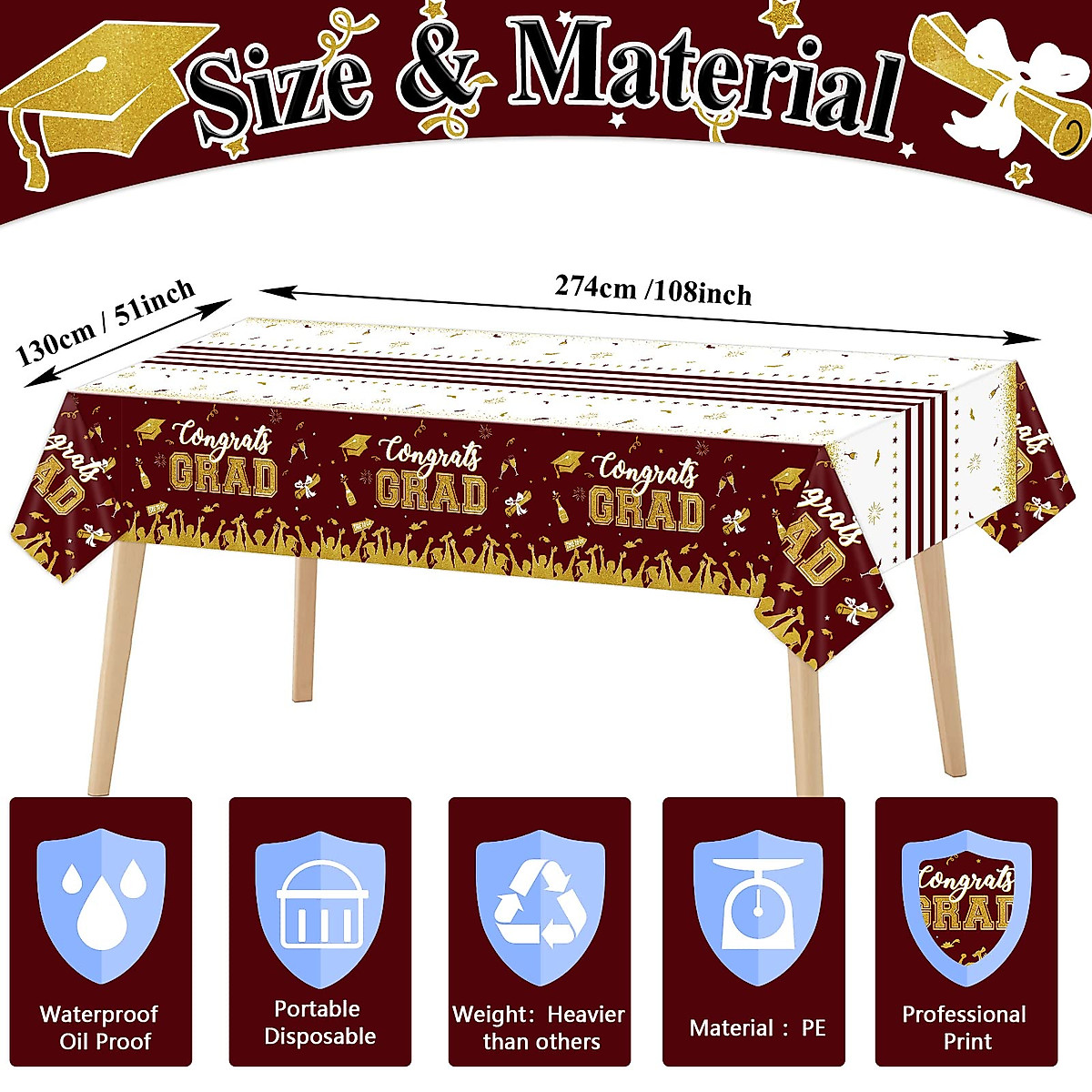 chiazllta Set of 3 Graduation Tablecloths Class of 2024 Congrats Grad Maroon Graduation Party Tablecover Decorations Party Supplies Large Size Plastic 54"x108"(Maroon & Gold)