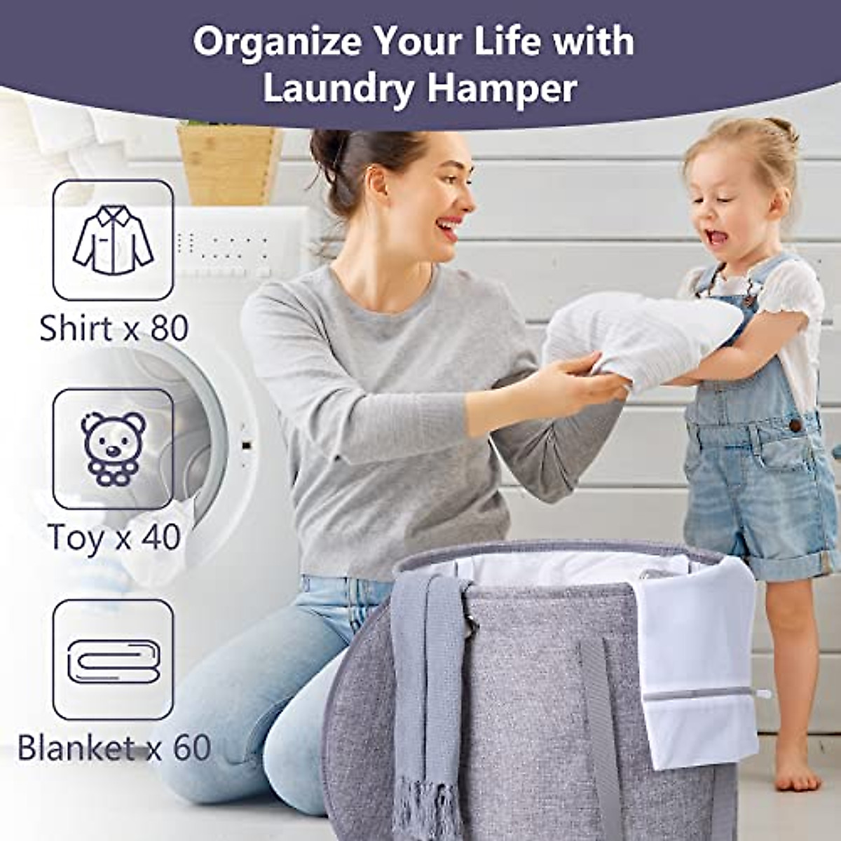 NARUNDREN Laundry Basket with Lid, 70L Round Collapsible Laundry Hamper with Handles, Freestanding Dirty Clothes Hamper Waterproof Lining for Bathroom, Laundry Room Organization Storage (Dark Grey)