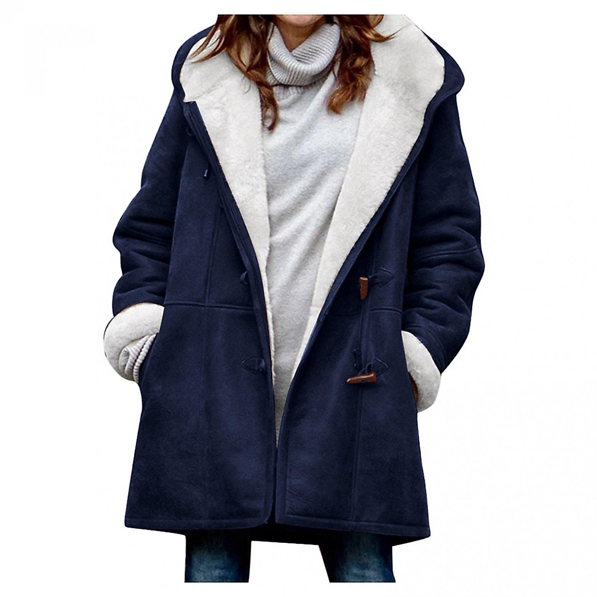 melupa Winter Warm Sherpa Lined Coats Jackets for Women Plus Size Hooded Parka Faux Suede Long Pea Coat Outerwear Navy, 4X-Large