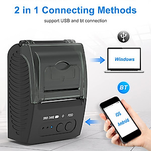 Receipt Printer,HXBER 58mm Portable Mini Thermal Receipt Printer USB & BT Connection 2 inches Wireless Printer with 1 Roll Paper Inside Compatible with iOS Android Windows for Restaurant Sales Retail