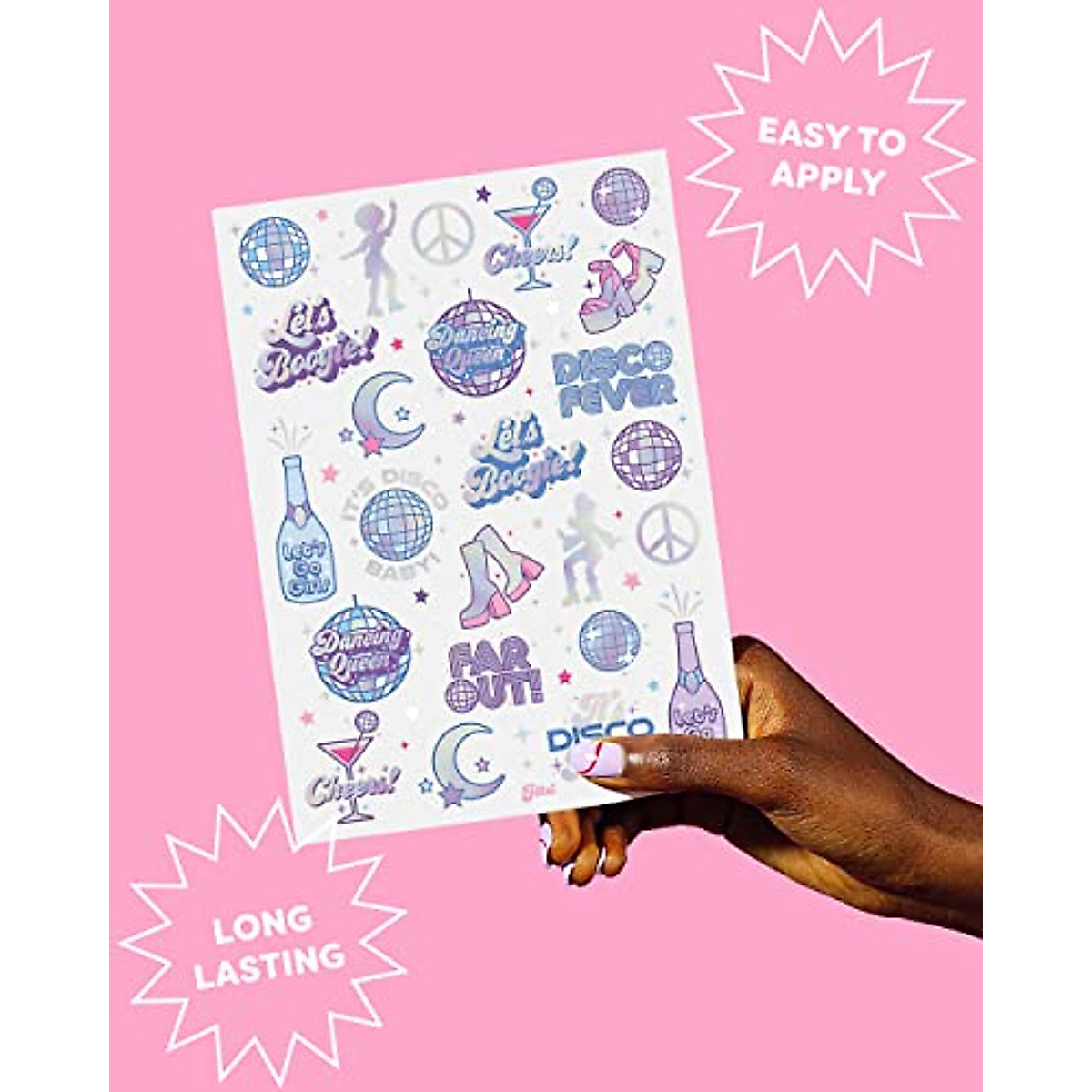 xo, Fetti Disco Birthday Party Temporary Tattoos - 48 Iridescent Foil Pcs | Birthday Girl Party Decorations, Dancing Queen, 70s Groovy Party