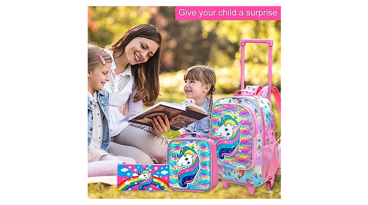 AGSDON Unicorn Rolling Backpack for Girls - 3PCS Set for School and Travel