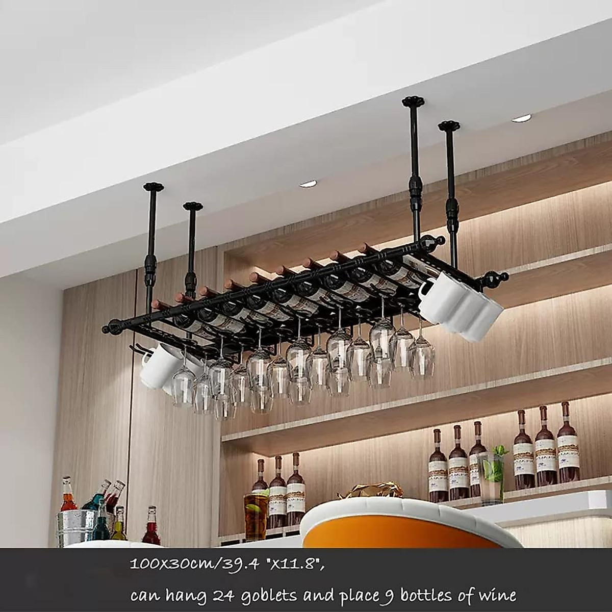 Hanging Wine Rack with Glass Holder and Shelf,Adjustable Metal Ceiling Bar Wine Glass Rack,2 in 1Industrial Wall Mounted Wine and Glass Rack,47.3” Bottle Holder Wine Shelf